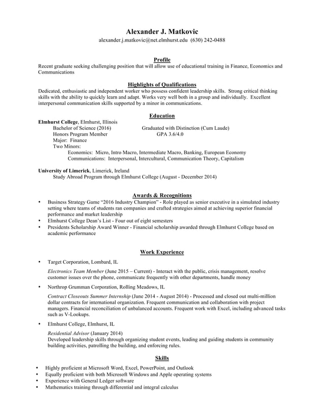 Alexander Matkovic Resume | PDF | Undergraduate Education | College ...