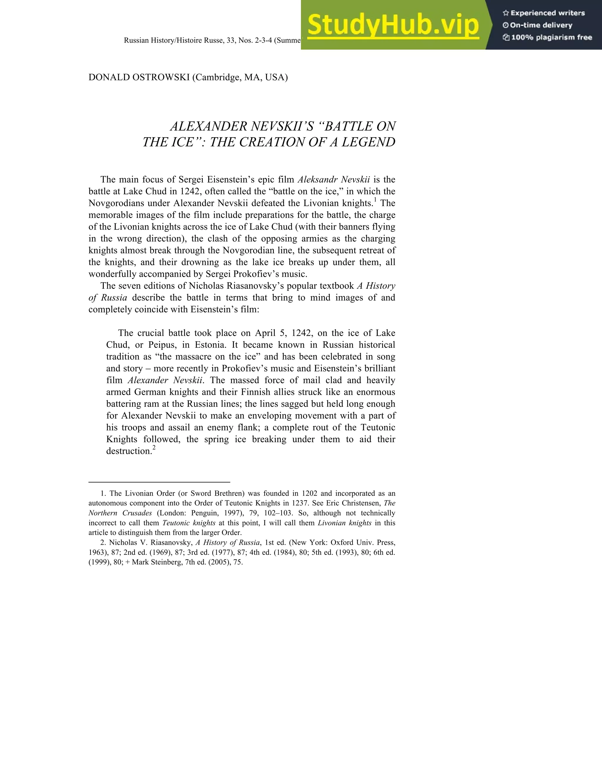 Alexander Nevskii S Quot Battle On The Ice Quot The Creation Of A ...
