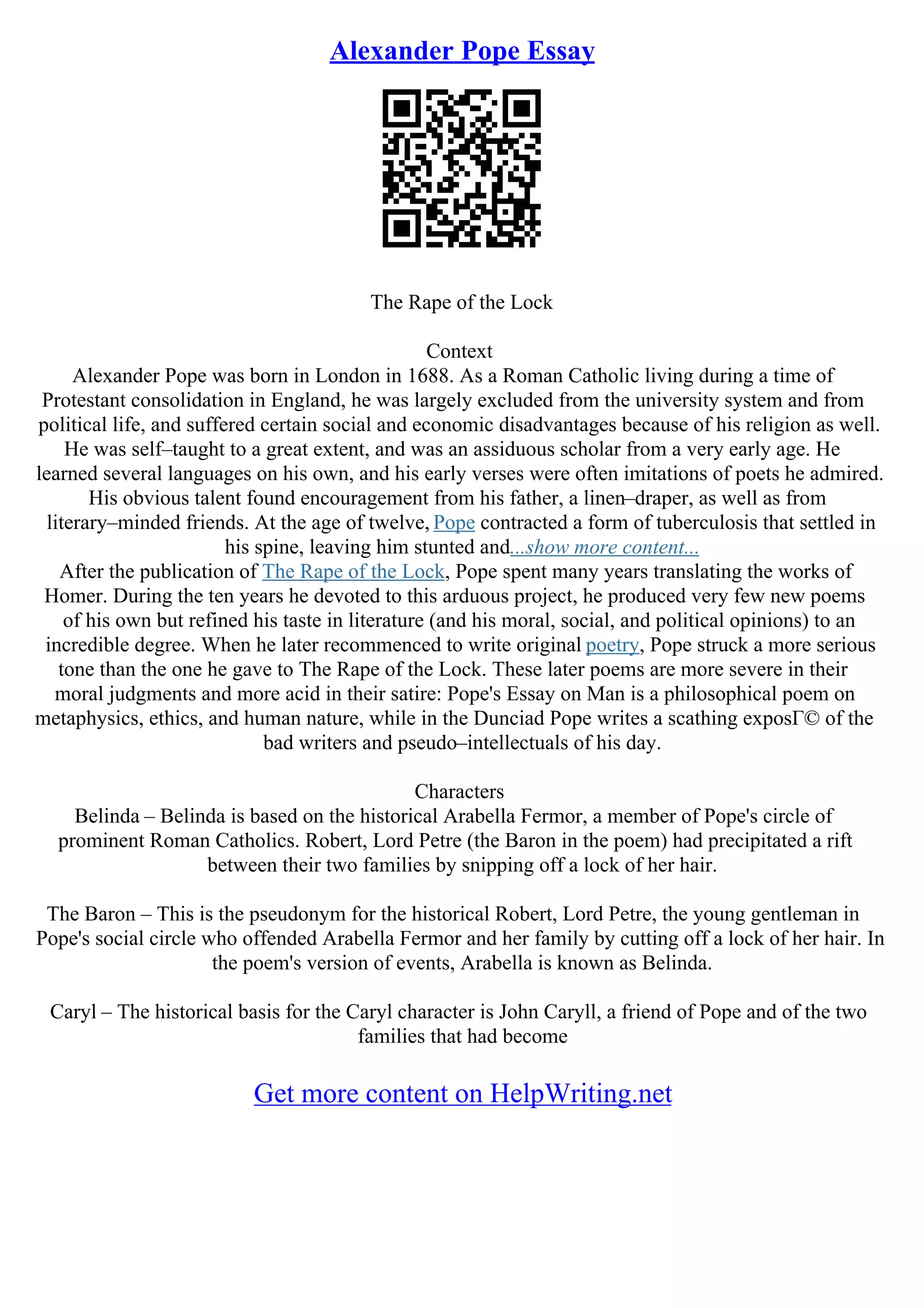Alexander Pope Essay | PDF