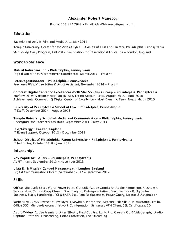 Alexander Robert Manescu Resume Summer 2018 | PDF