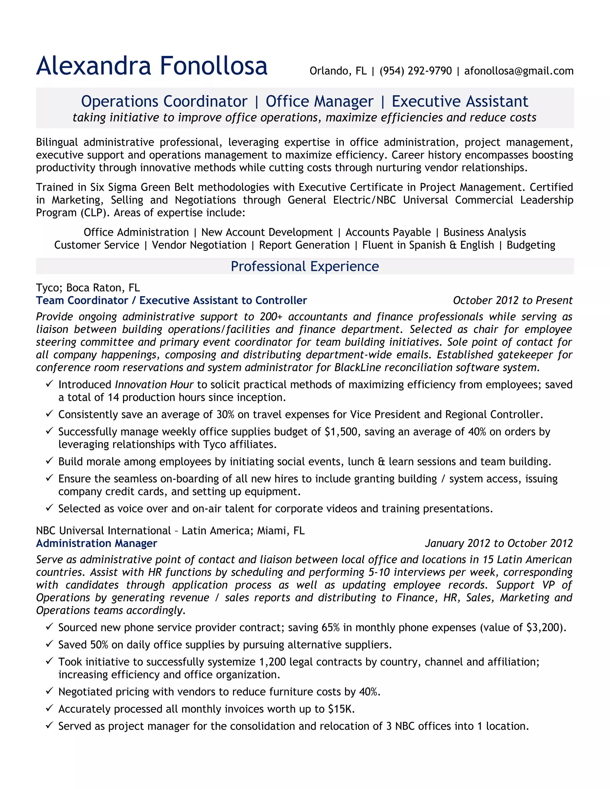 Alexandra Fonollosa Resume, Orlando, FL ~ office manager ...