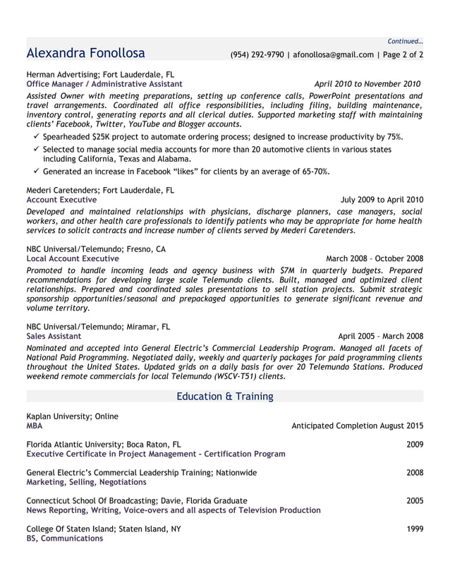 Alexandra Fonollosa Resume, Orlando, FL ~ office manager ...