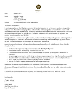 Letter of Reference from CEO - Bespoke Partners | PDF