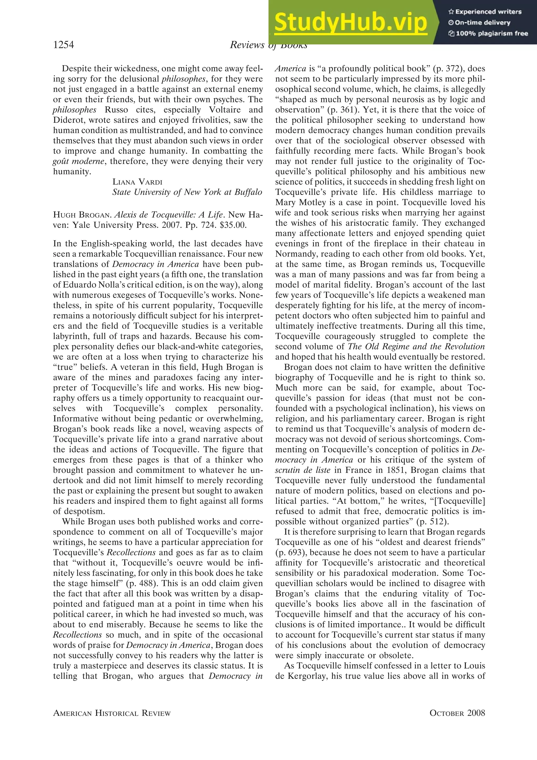 Alexis De Tocqueville A Life | PDF