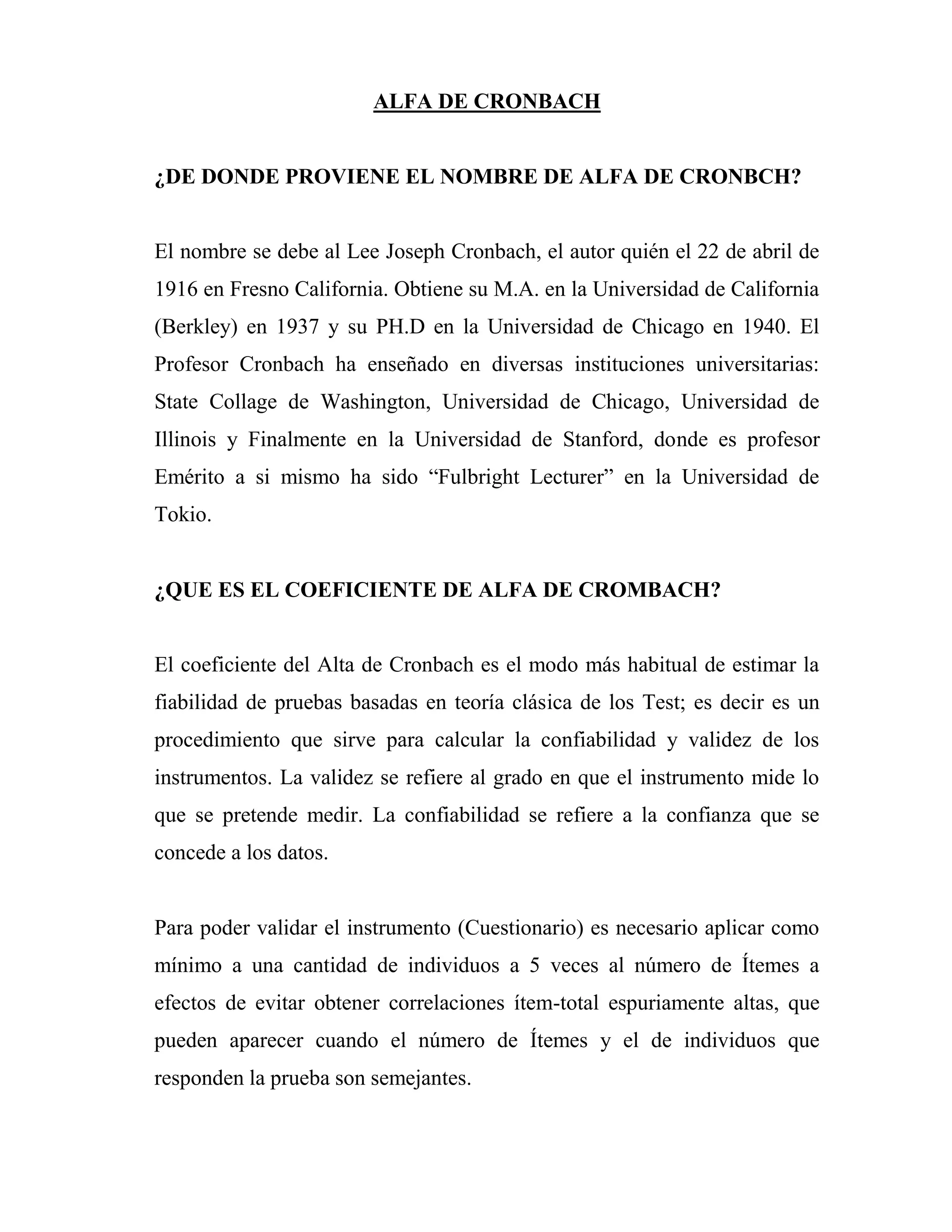 Alfa de cronbach para los test | DOCX