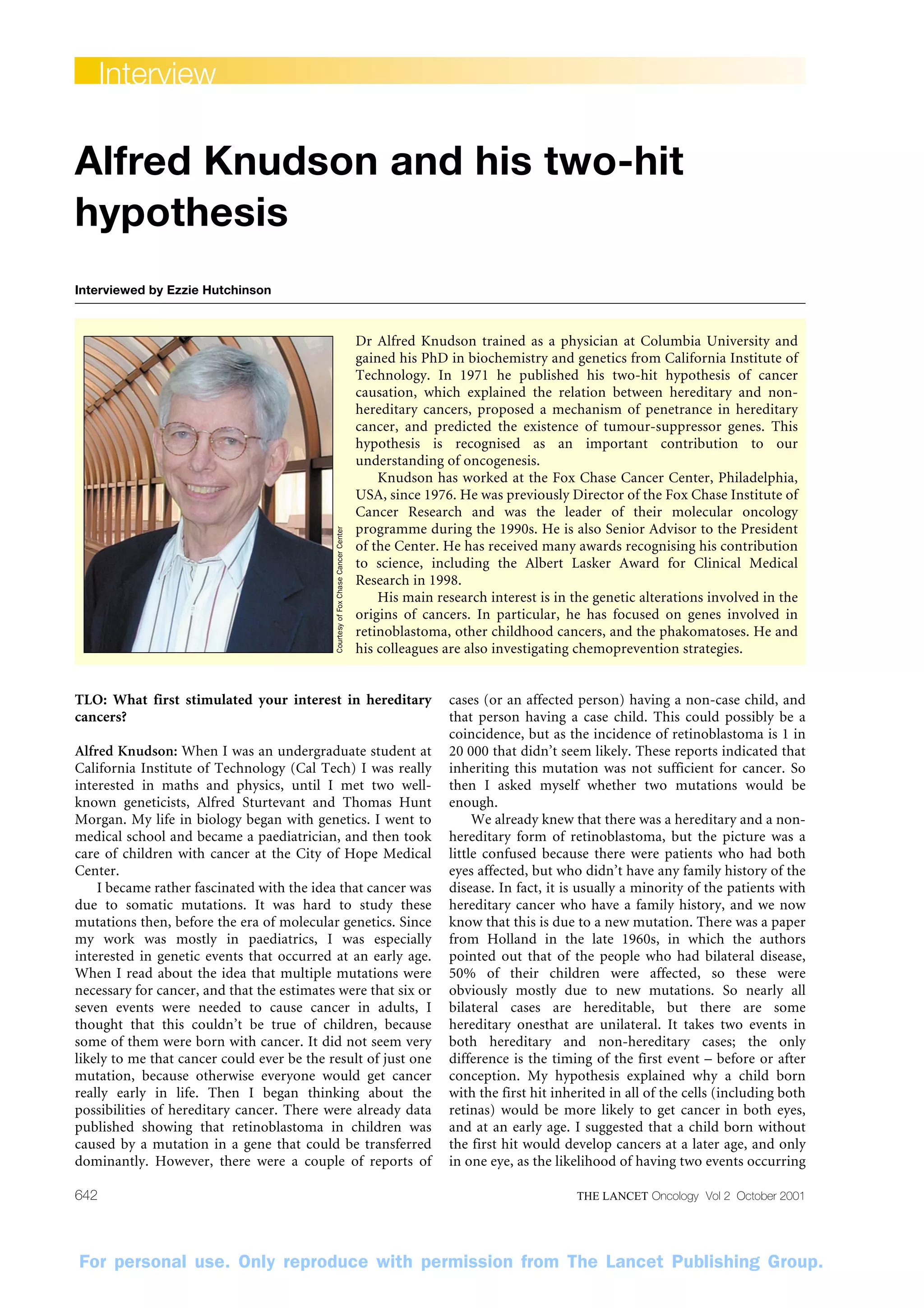 Alfred knudson and the two hit hypothesis | PDF