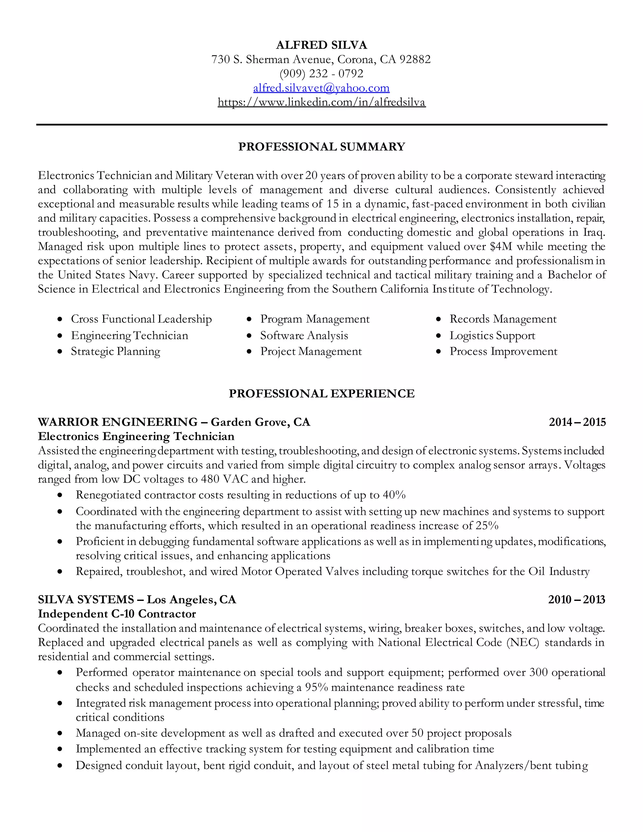 Alfred silva resume | DOCX | Defense Industry | Industries