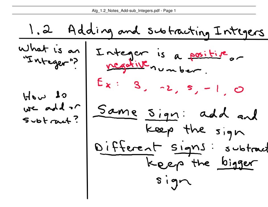 Alg 1.2 Notes Add-Sub Integers
