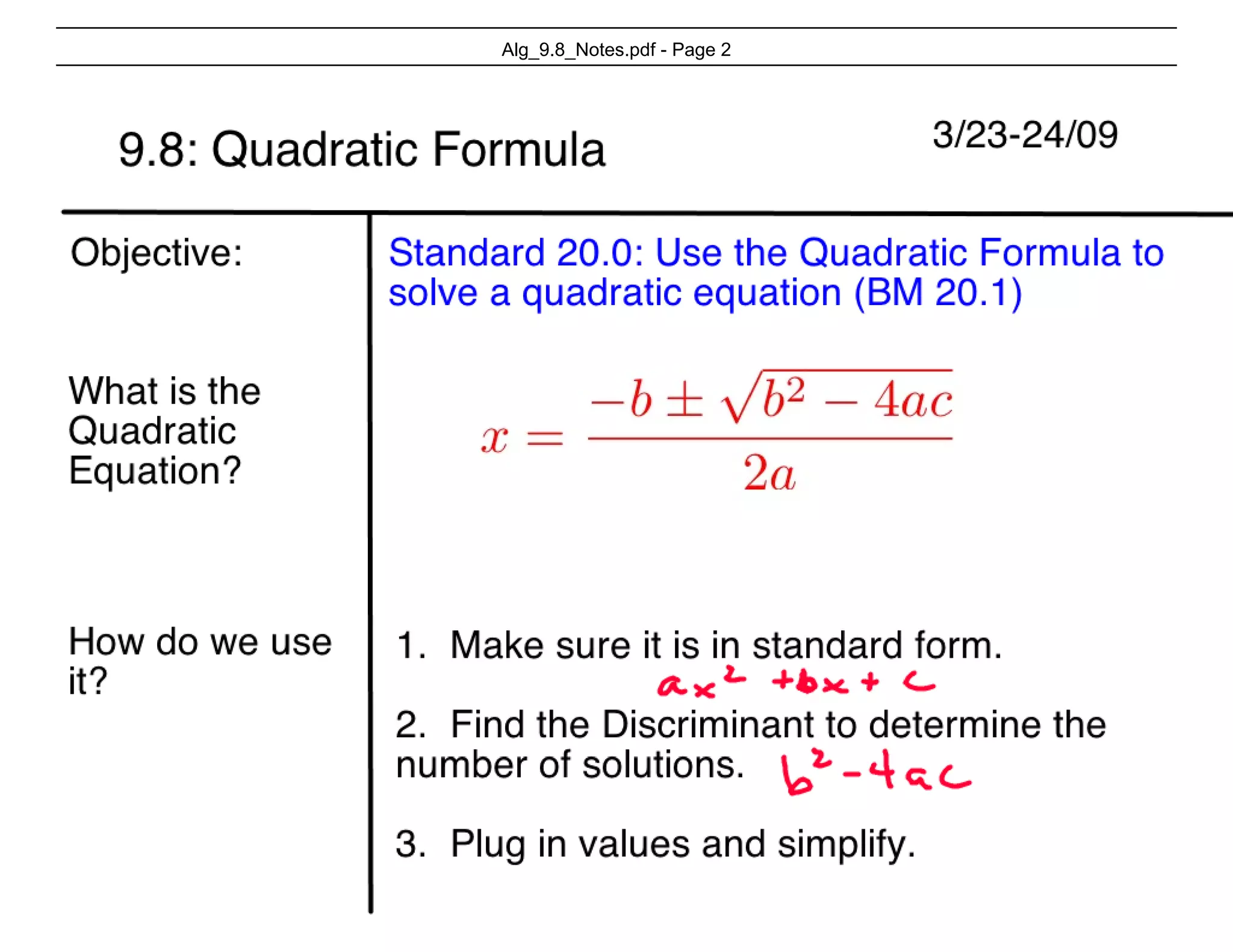 Alg 9.8 Notes Quadratic Formula | PDF | Physics | Science