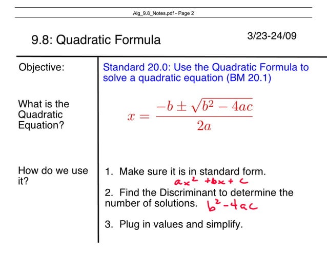 Alg 9.8 Notes Quadratic Formula | PDF