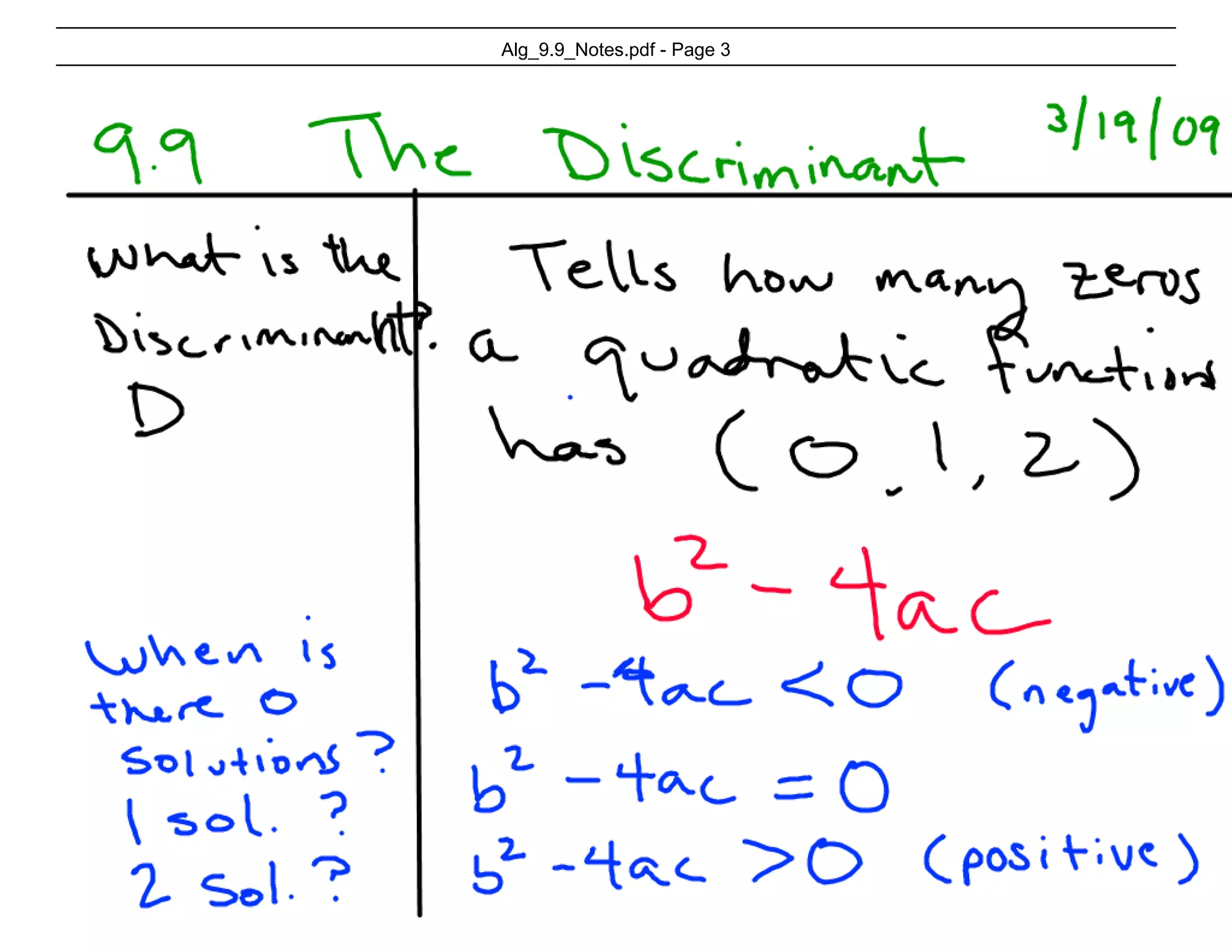 Alg 9.9 Notes Discriminant | PPT