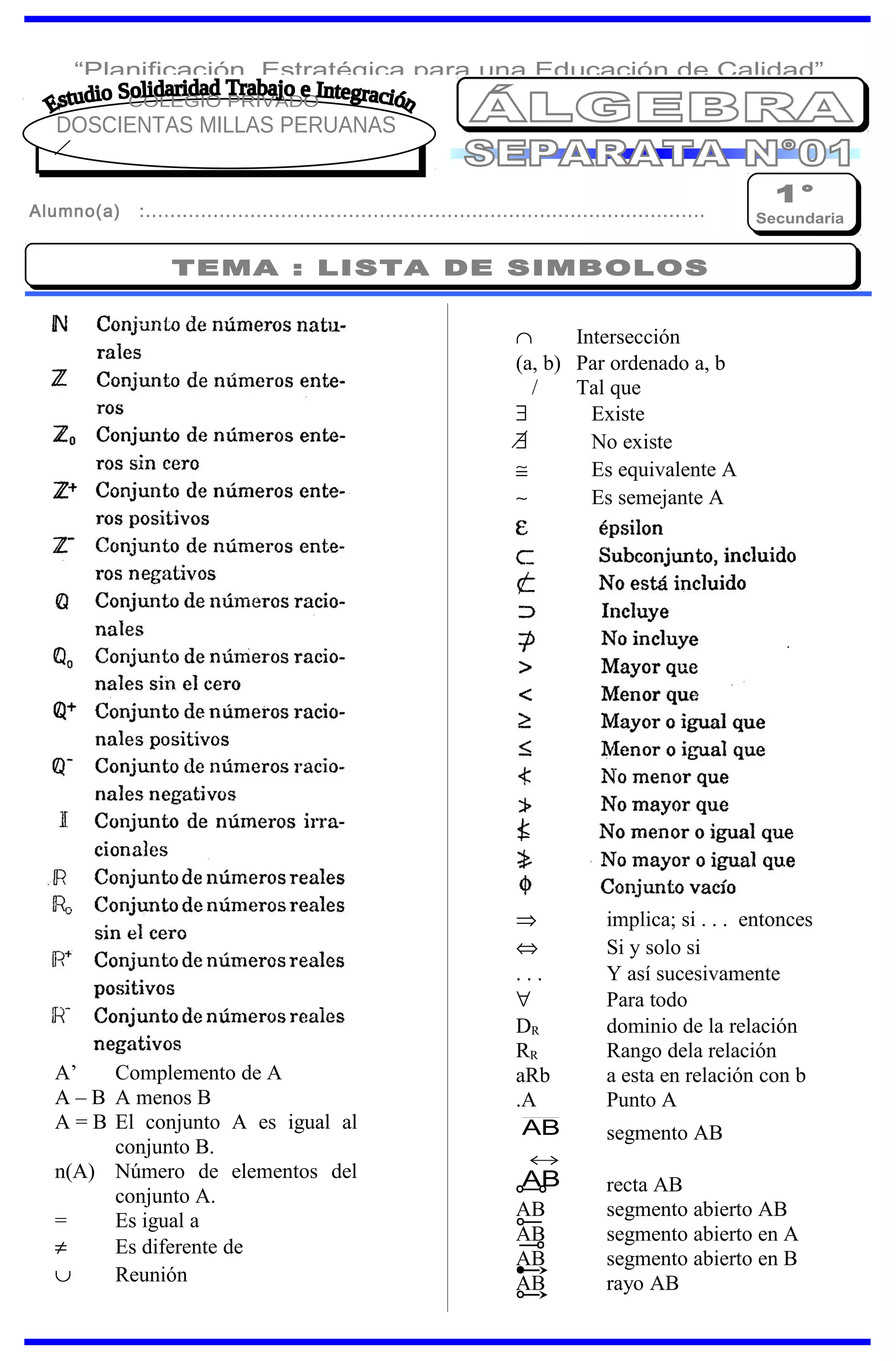 LISTA DE SÍMBOLOS EN ÁLGEBRA | DOC