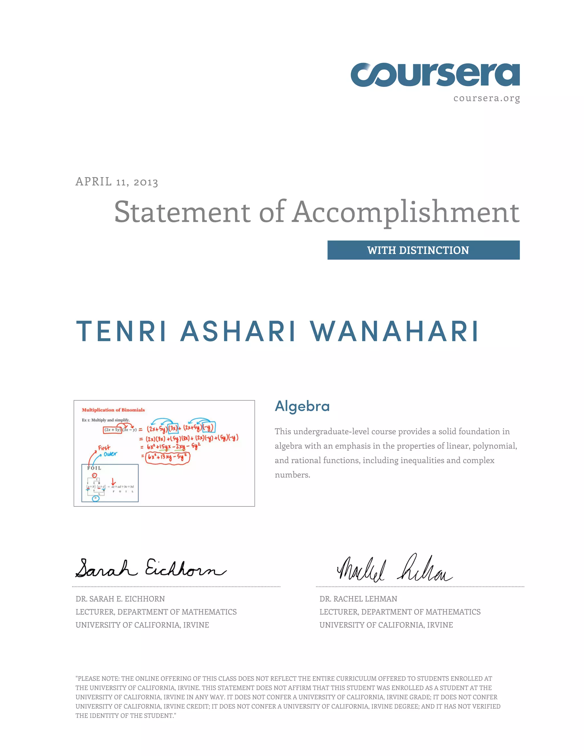 Coursera Certificate: Algebra | PDF
