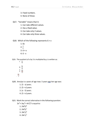CBSE Grade 6 Mathematics Algebra Multiple Choice Questions Worksheet | PDF