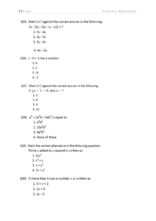 CBSE Grade 6 Mathematics Algebra Multiple Choice Questions Worksheet | PDF