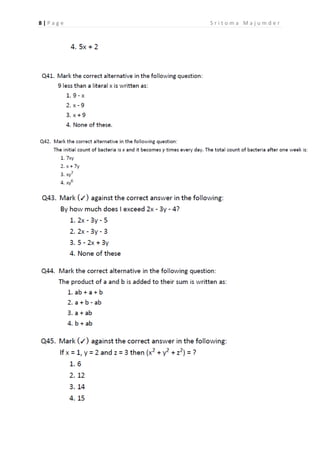 CBSE Grade 6 Mathematics Algebra Multiple Choice Questions Worksheet | PDF