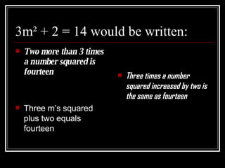 Algebra Expressions and Equations | PPT