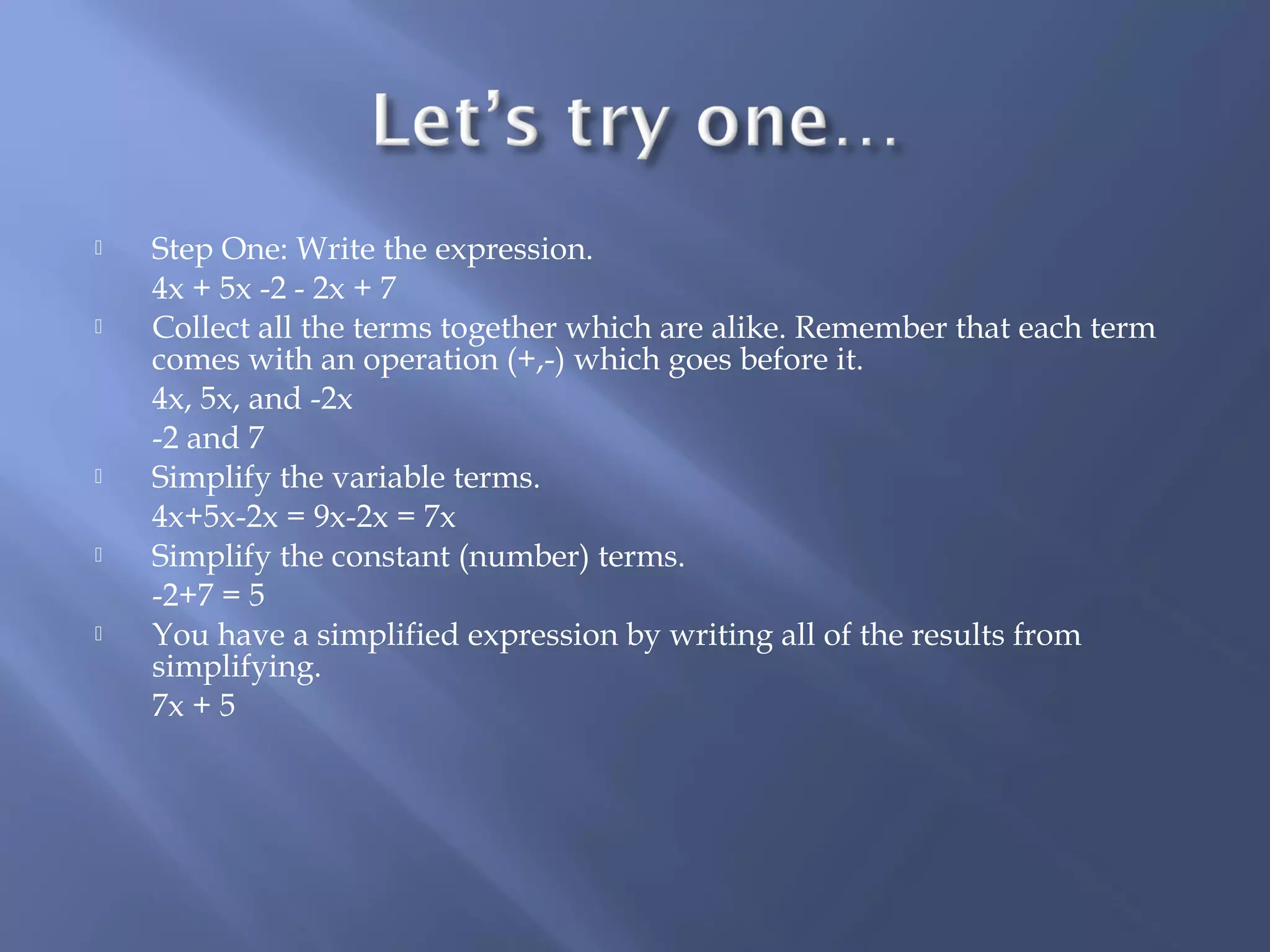 Algebra 1 combining like terms | PPT
