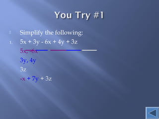Algebra 1 combining like terms | PPT