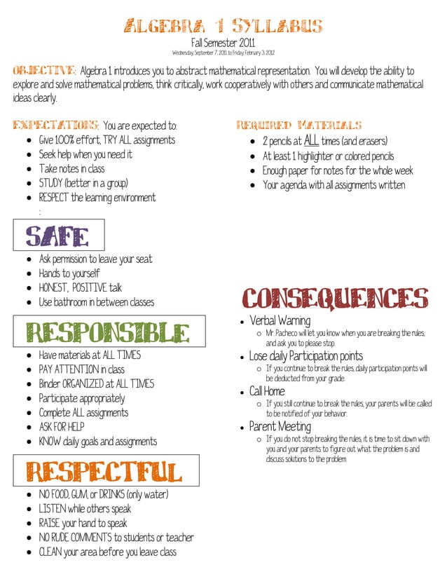 Algebra 1 syllabus 1st semester | PPT