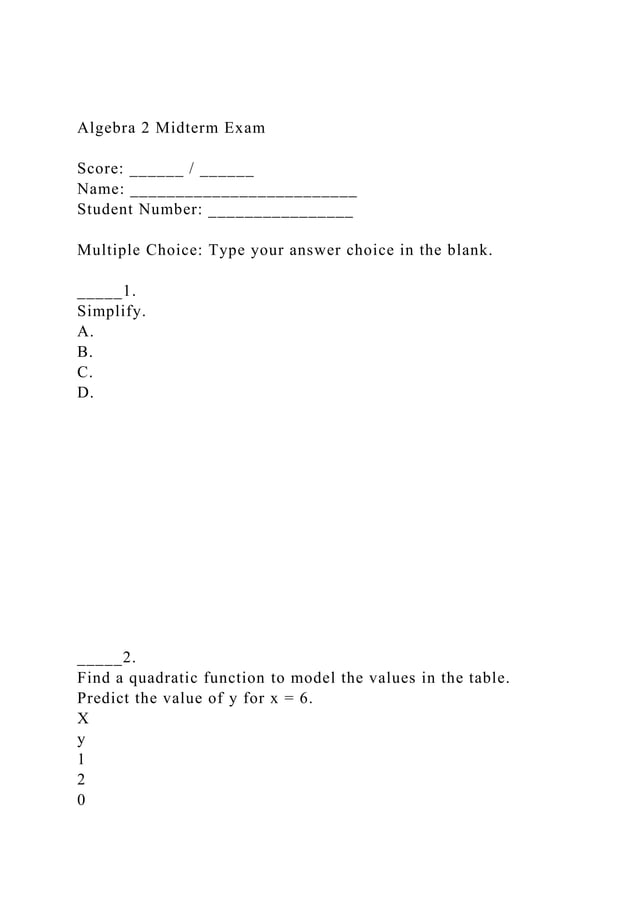 Algebra 2 Midterm ExamScore ______ ______ Name _________.docx ...