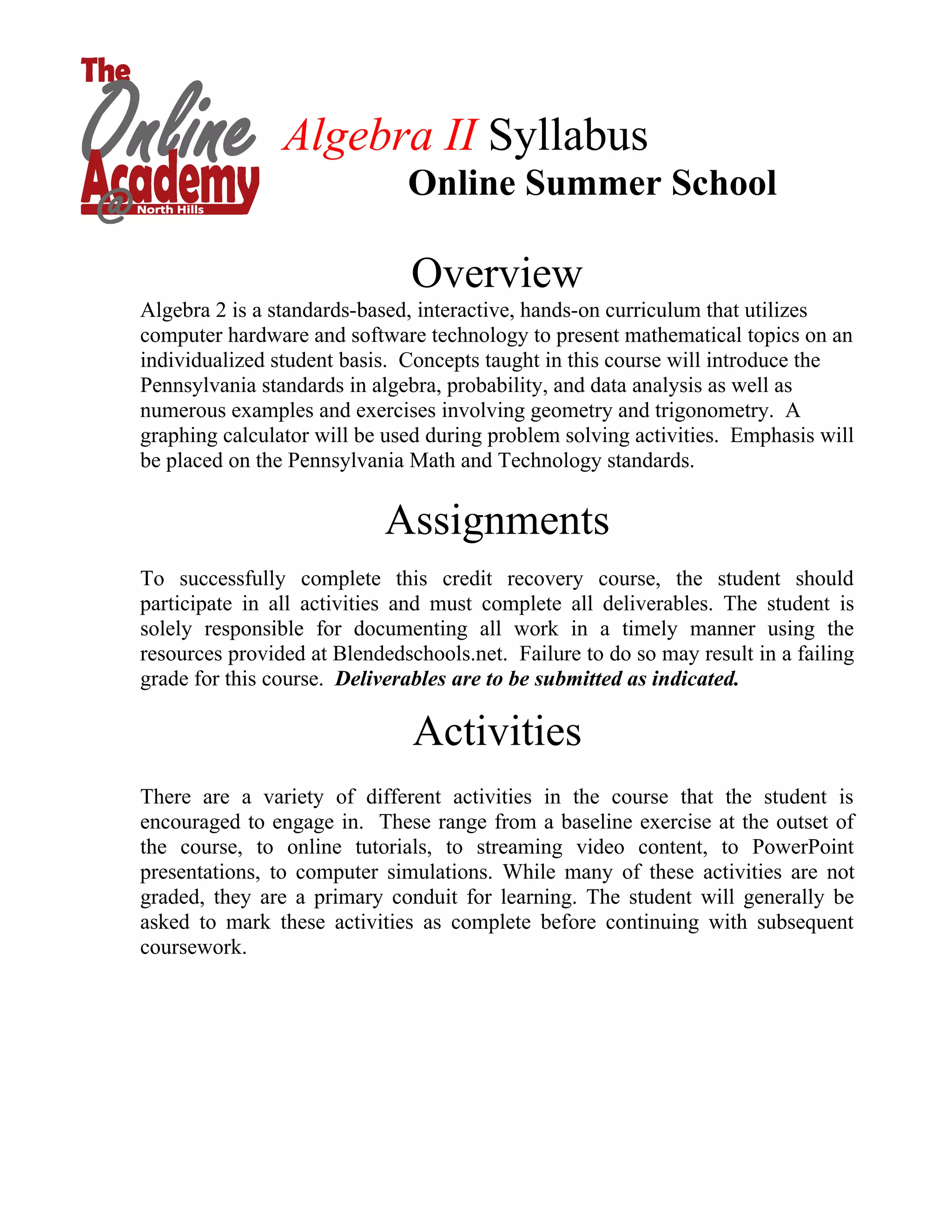 Algebra 2 syllabus summer | DOC