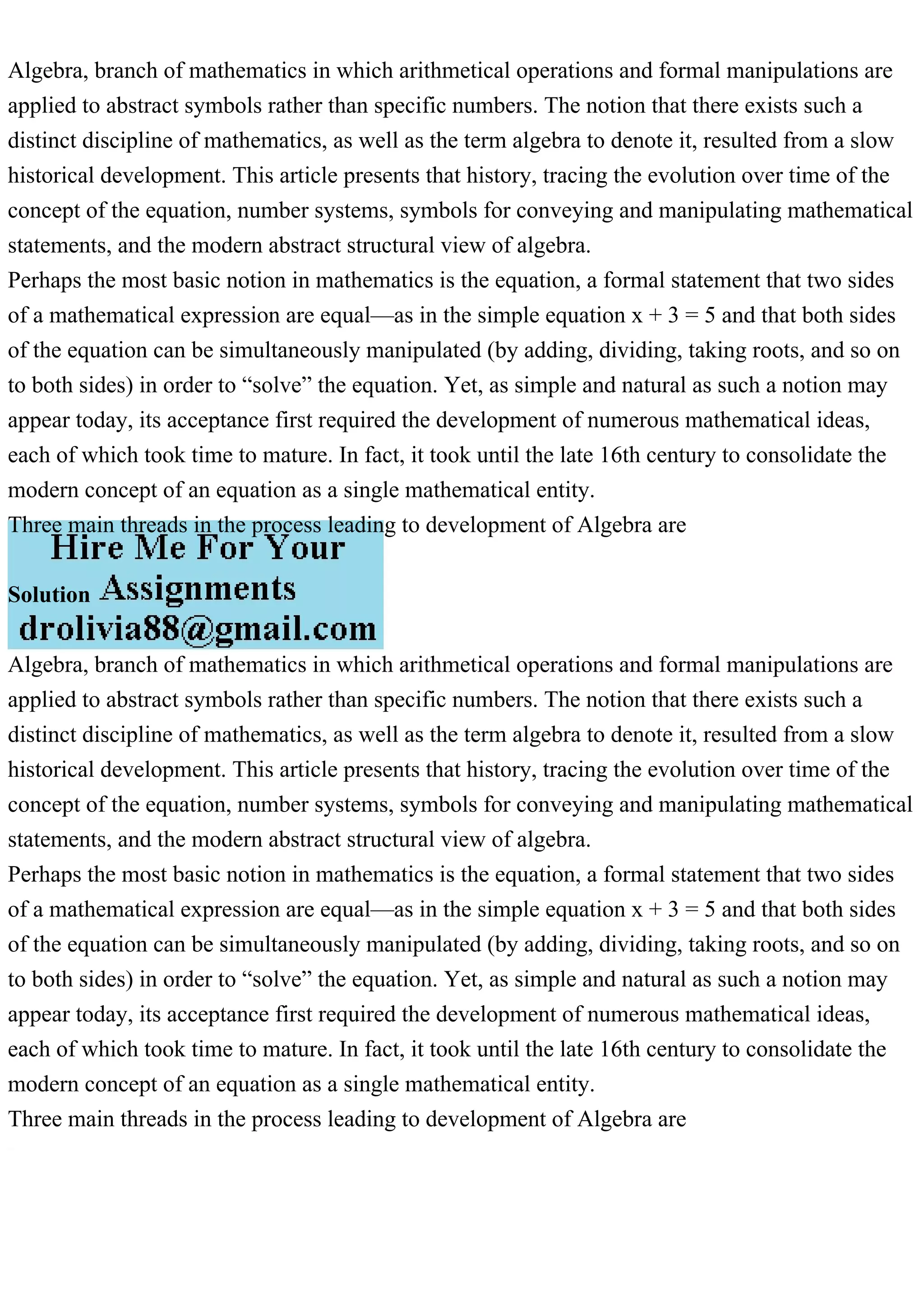 Algebra, branch of mathematics in which arithmetical operations and .pdf