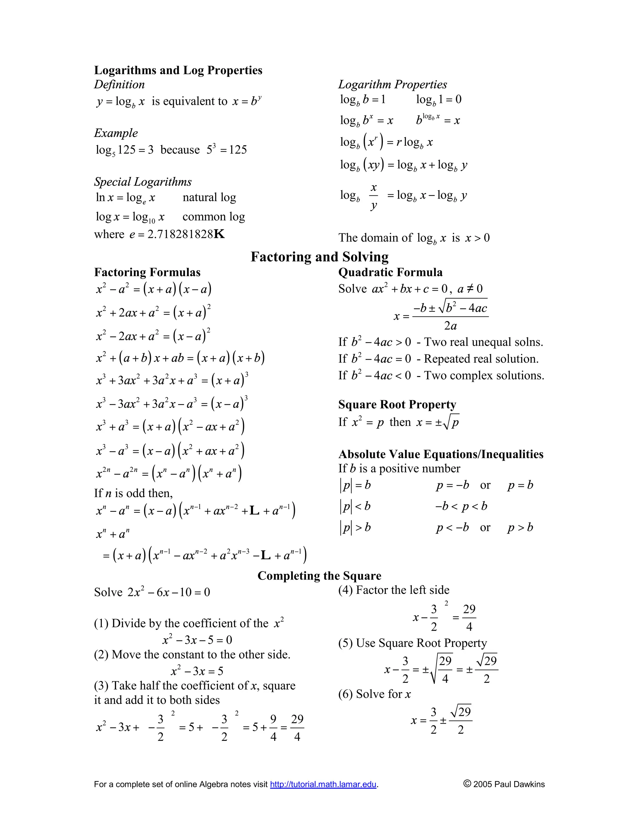 Algebra formulas | PDF