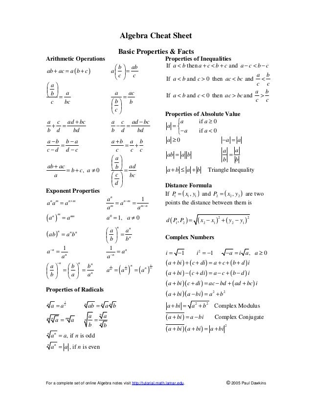 Algebra Formulas Algebra Formulas