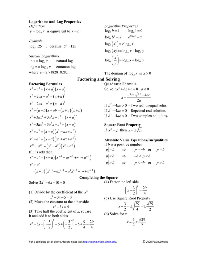 Algebra cheat sheet | PDF | Physics | Science