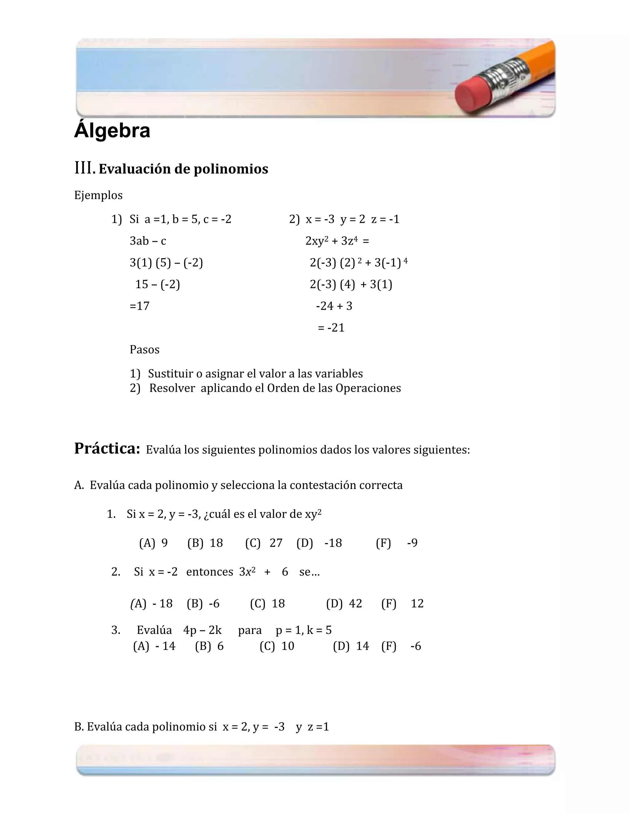 Álgebra Evaluación y Suma y Resta de Polinomios | PDF