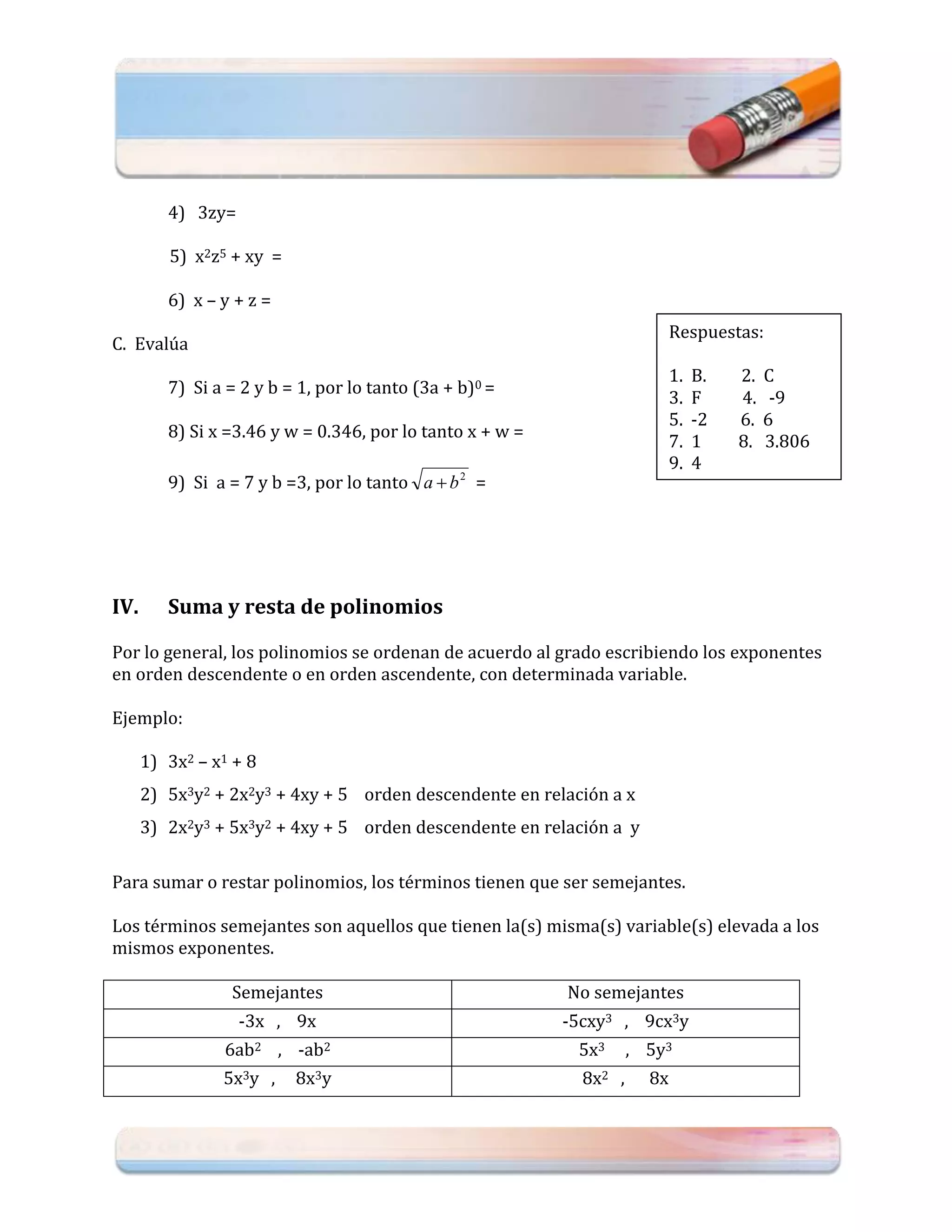 Álgebra Evaluación y Suma y Resta de Polinomios | PDF