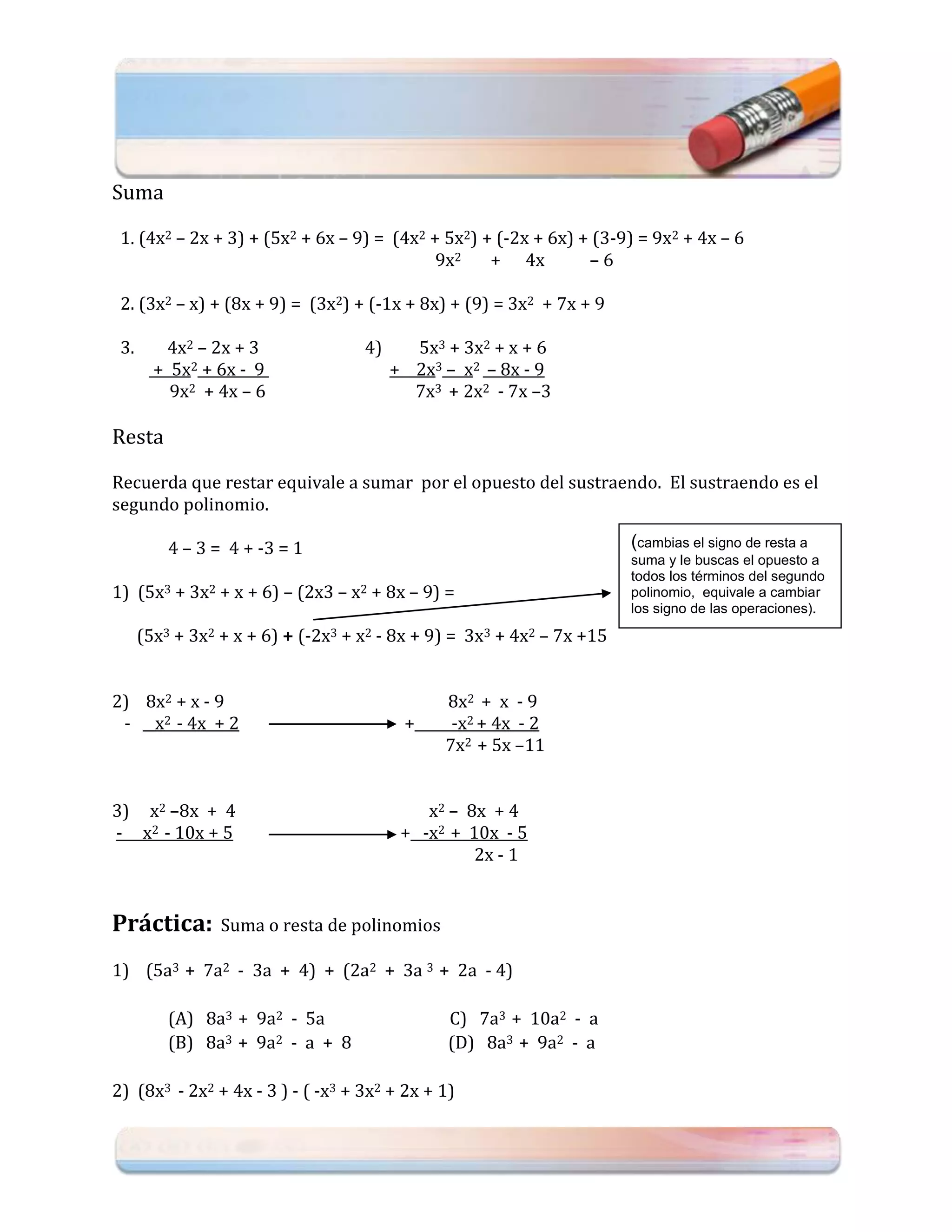 Álgebra Evaluación y Suma y Resta de Polinomios | PDF