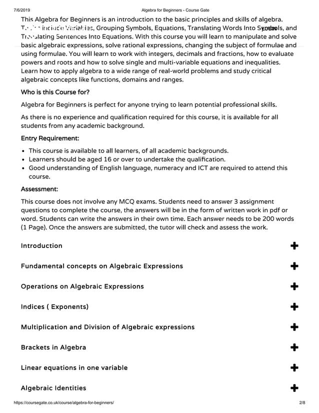 Algebra for Beginners - Course Gate | PDF | Educational Assessment ...