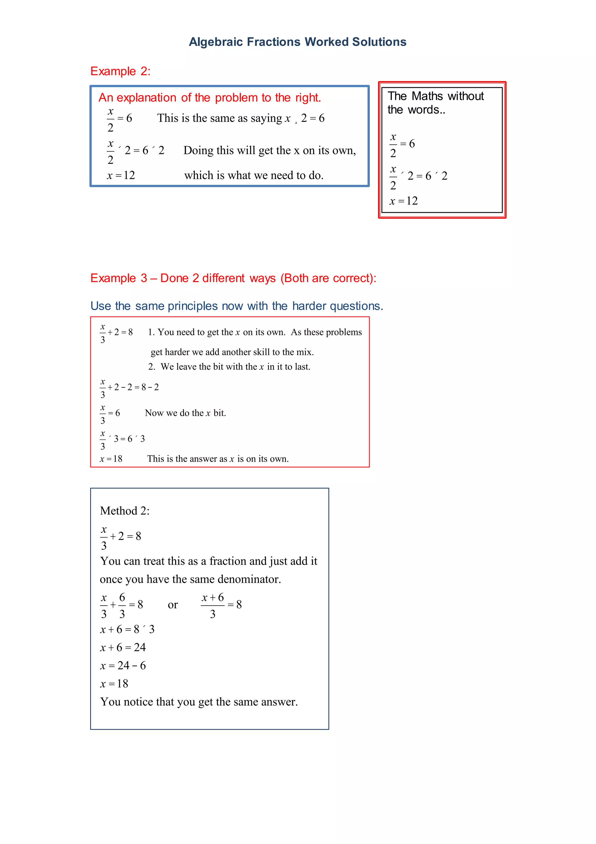 Algebra with fractions - Worked solutions | DOCX