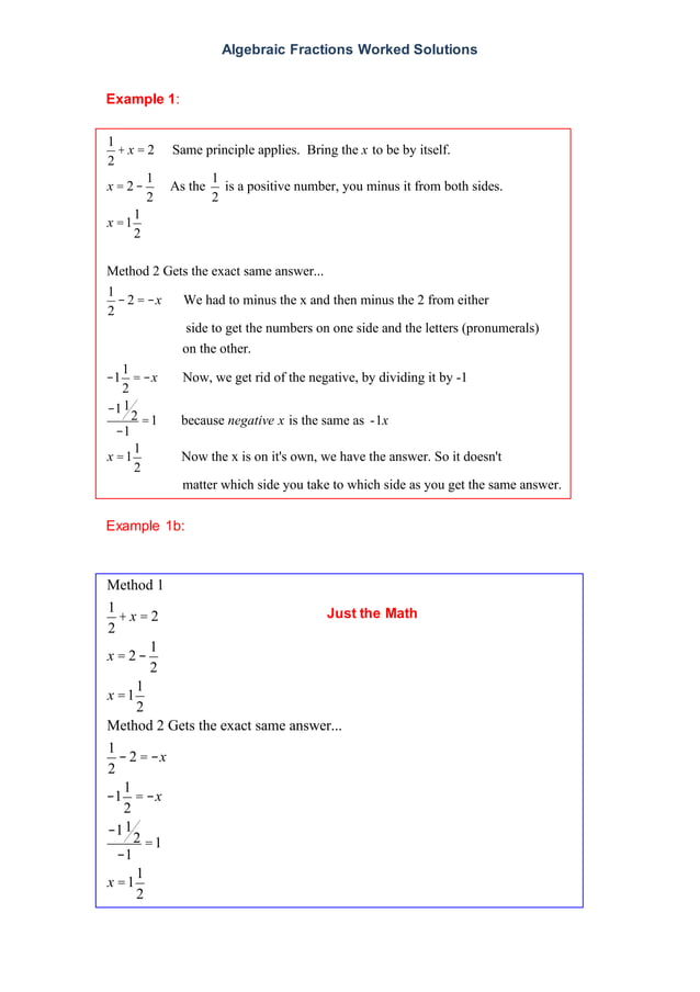 Algebra with fractions - Worked solutions | PDF