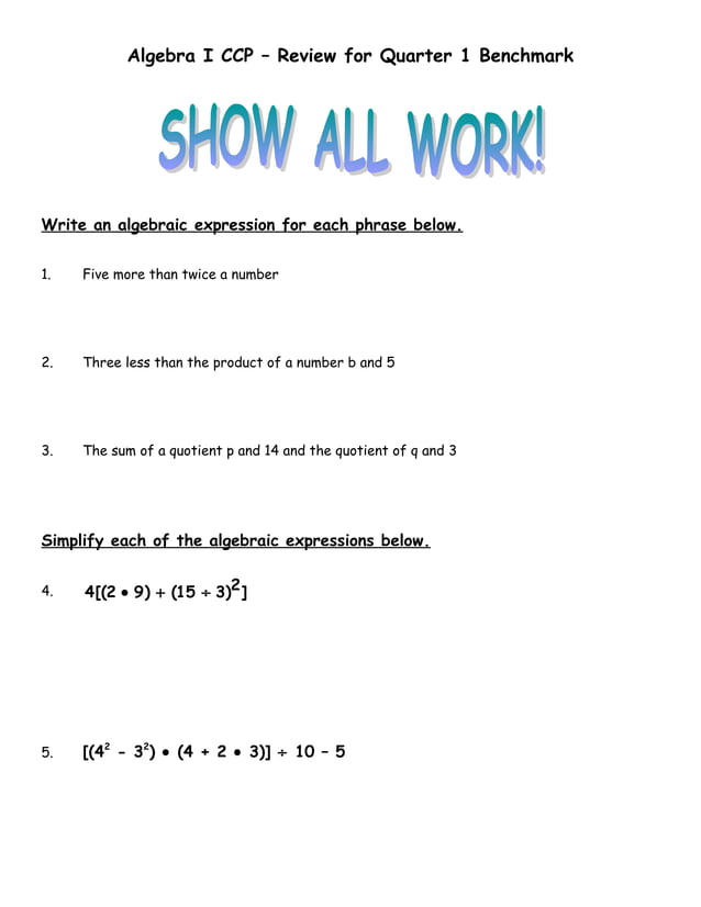Algebra i ccp quarter 1 benchmark review | DOC | Physics | Science