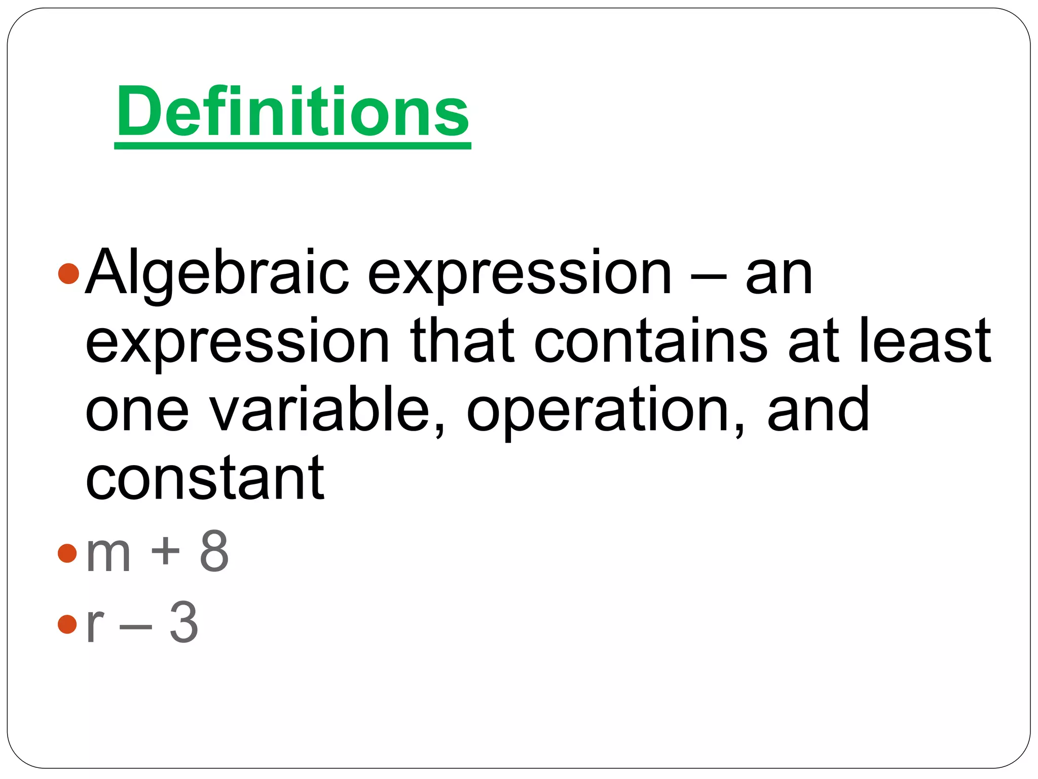Algebraicexpressions for class VII and VIII | PPT