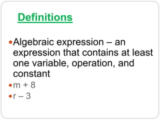 Algebraicexpressions for class VII and VIII | PPT