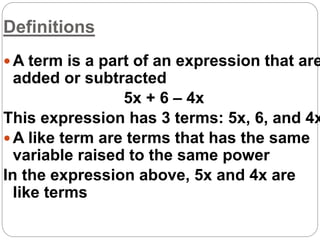 Algebraicexpressions for class VII and VIII | PPT