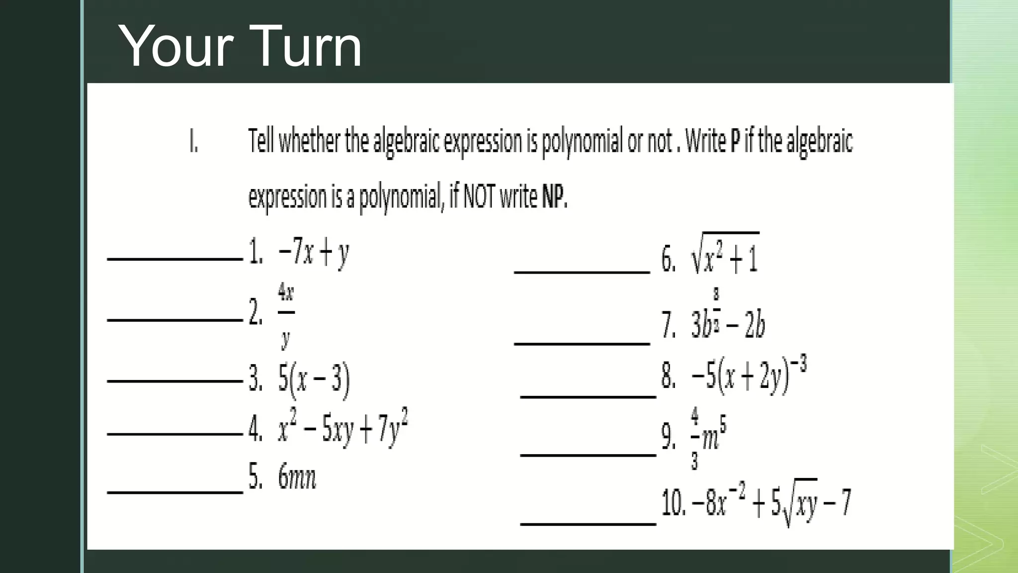 Algebraic expressions and Polynomials | PPT