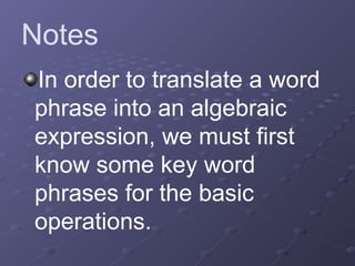 Algebraic expressions review of four basic operations | PPTX