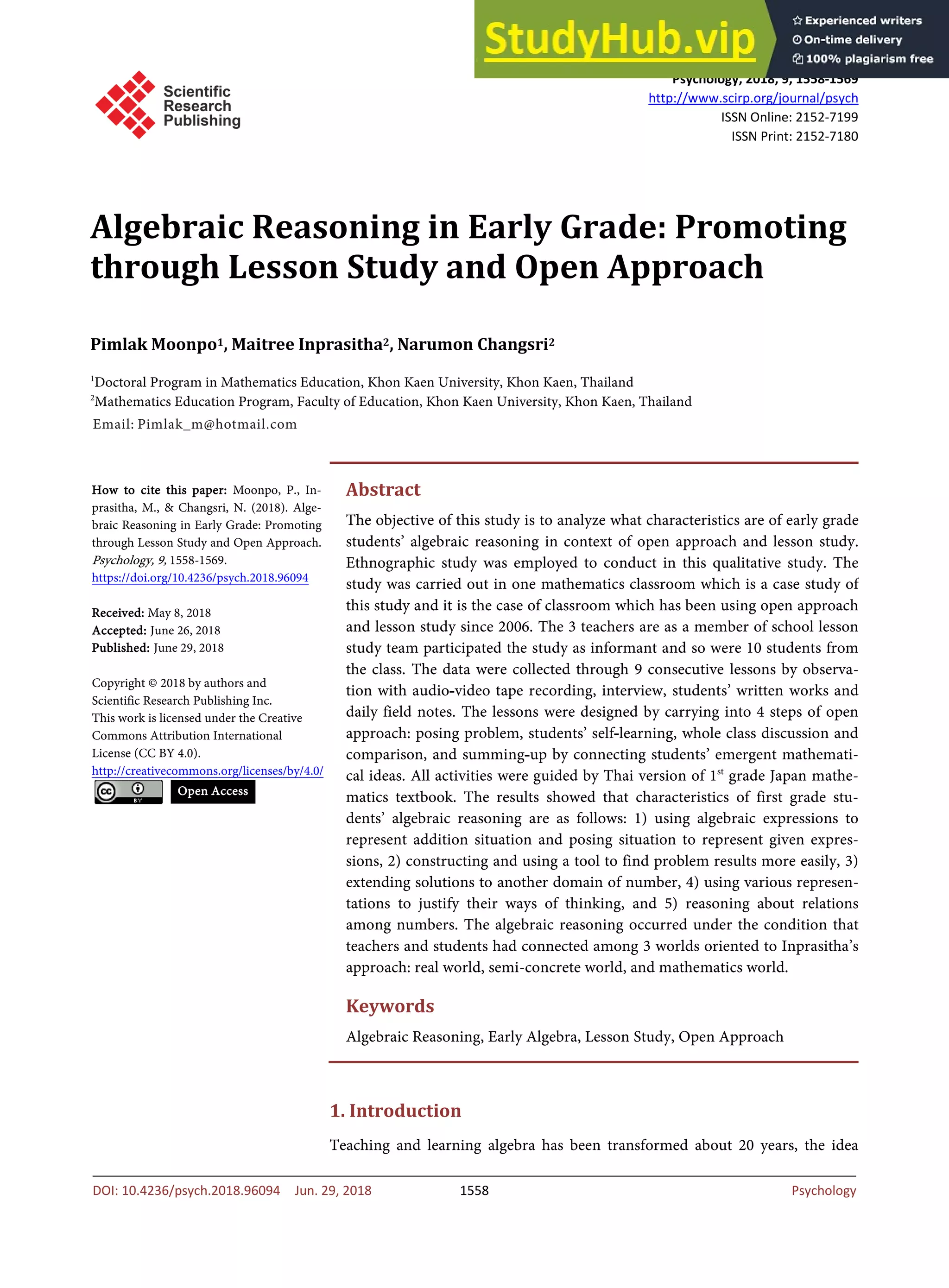 Algebraic Reasoning In Early Grade Promoting Through Lesson Study And ...