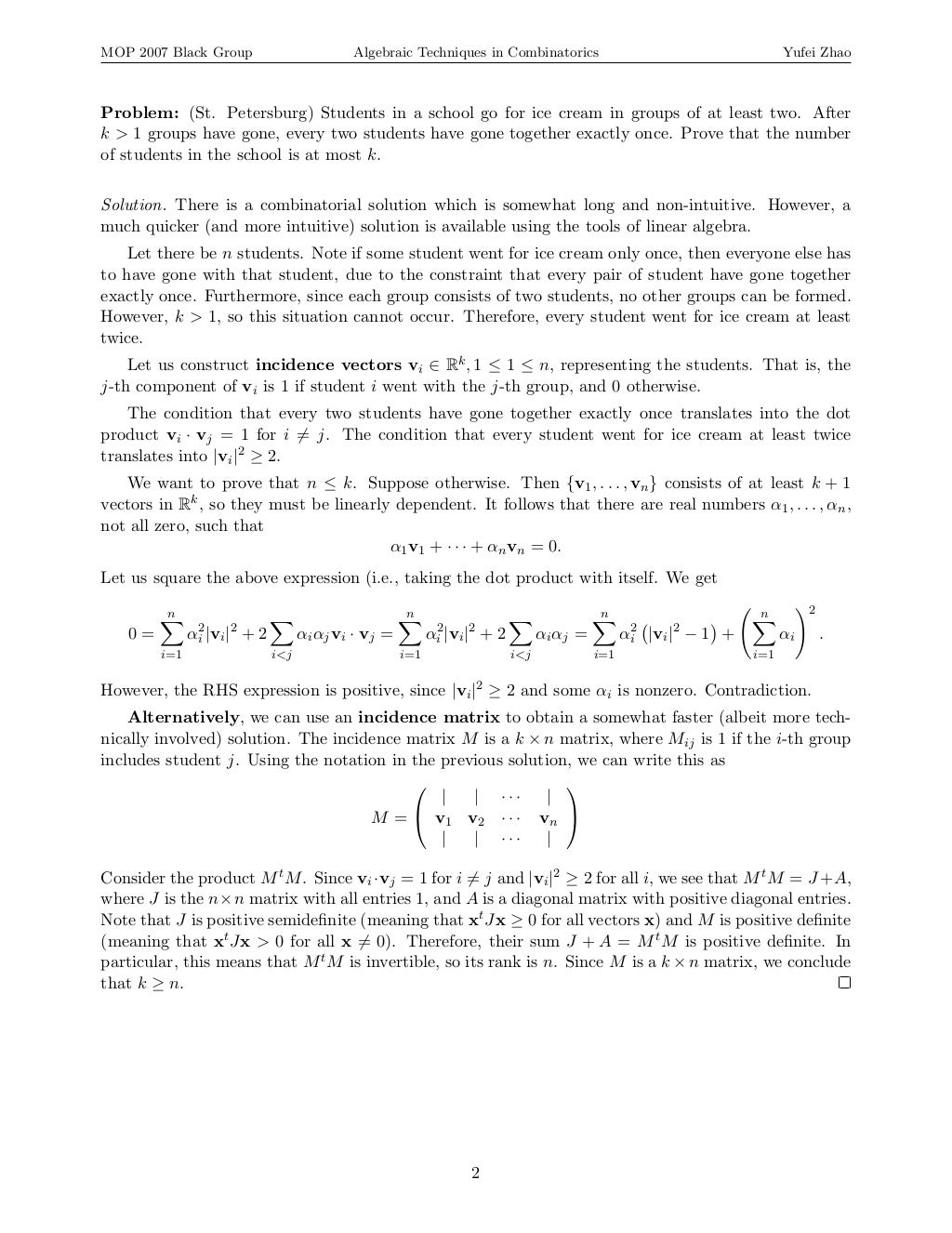 Algebraic techniques in combinatorics Algebraic techniques in combinatorics