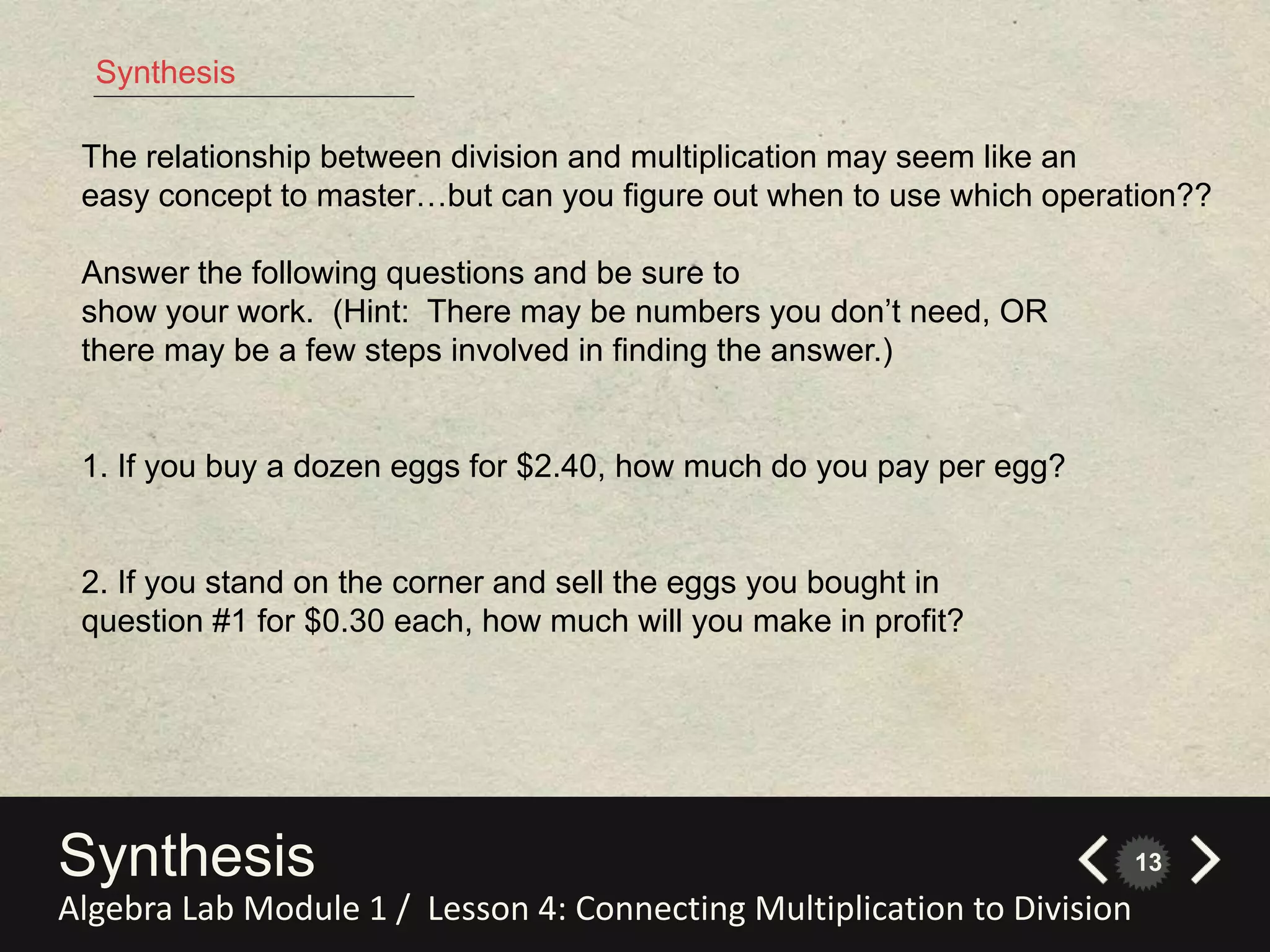 Algebra lab.module1.lesson4.mult&div | PPTX | Educational Assessment ...