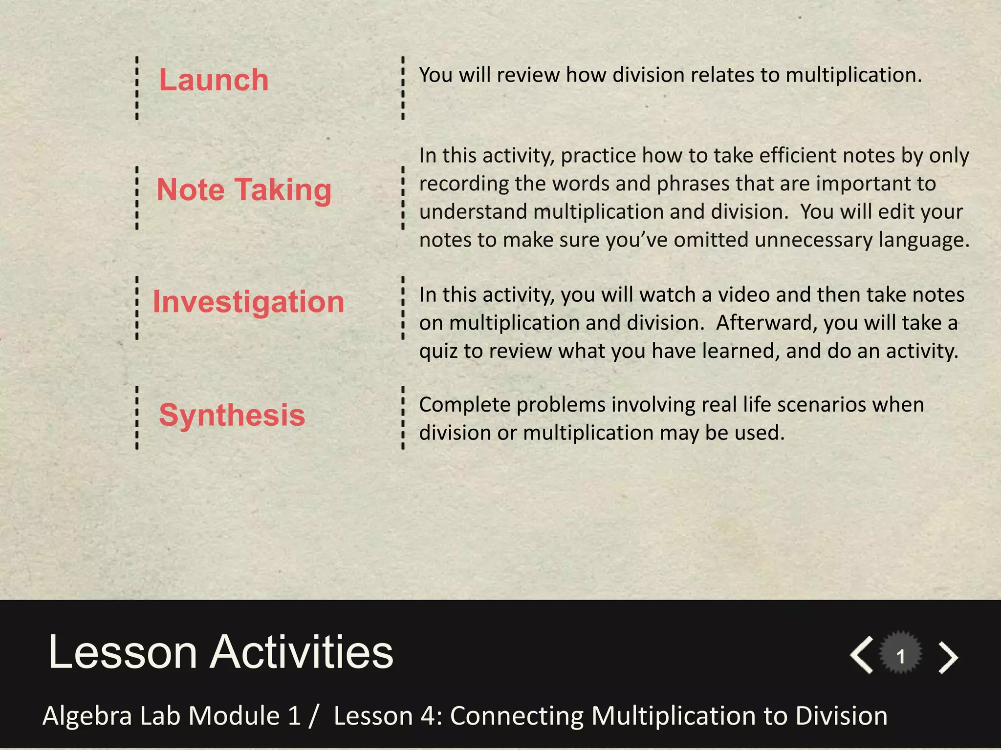 Algebra lab.module1.lesson4.mult&div | PPTX | Educational Assessment | Education