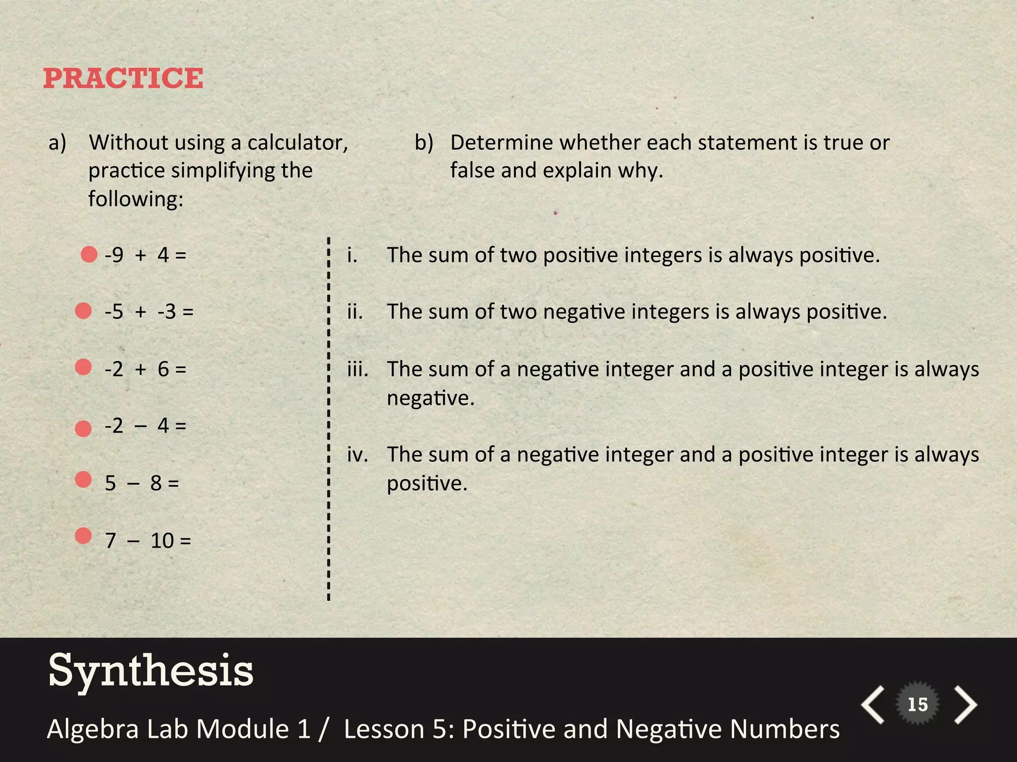 Algebra lab.module1.lesson5.posandneg | PDF | Homework and Study ...
