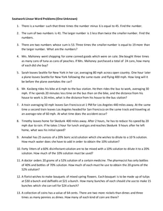 Algebra linear word problems seatwork questions | DOCX