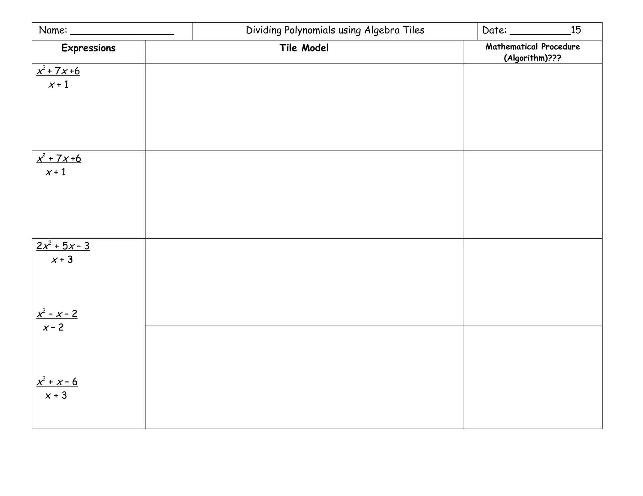 Algebra tiles graphic organizers | DOC