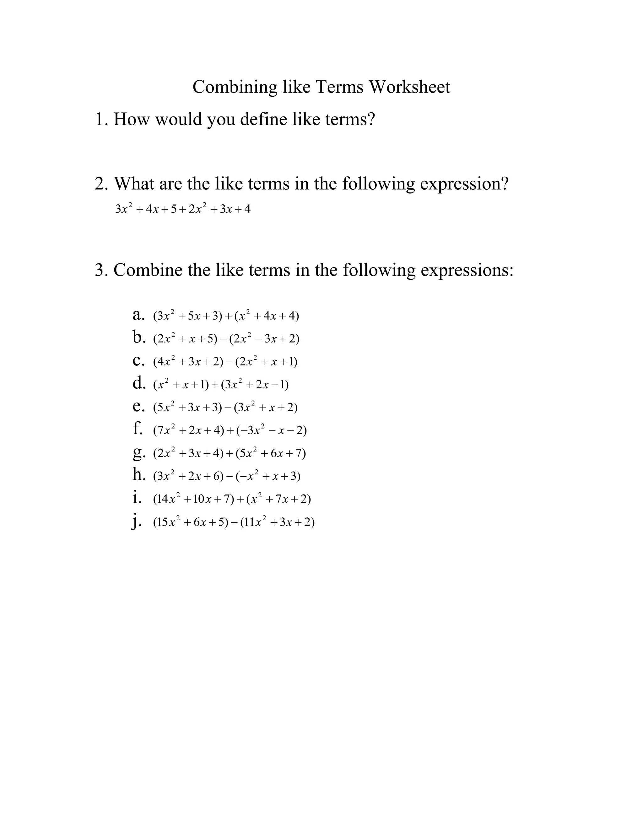 Combining Like Terms WS | DOCX